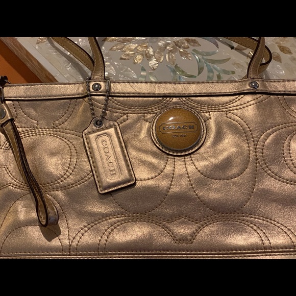 Coach | Bags | Coach Metallic Gold Signature Leather Tote | Poshmark